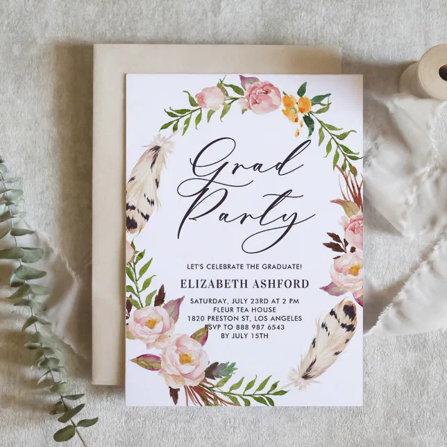 Bohemian Feathers and Floral Wreath Graduation Invitation | Zazzle