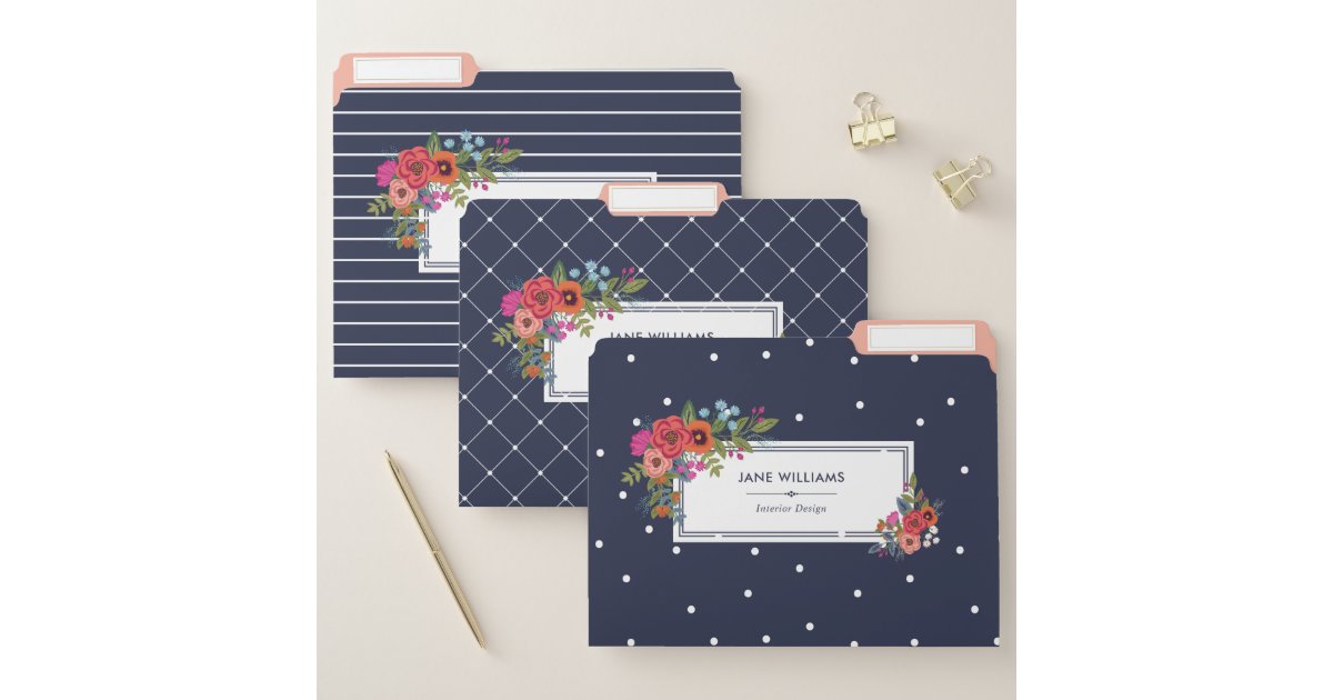 Bohemian Floral Bouquets - Dark Blue - Name File Folder | Zazzle