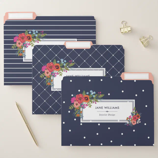 Bohemian Floral Bouquets - Dark Blue - Name File Folder | Zazzle