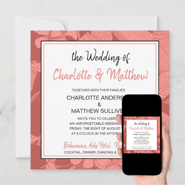 Bohemian Floral Coral Watermark Modern Wedding Invitation | Zazzle