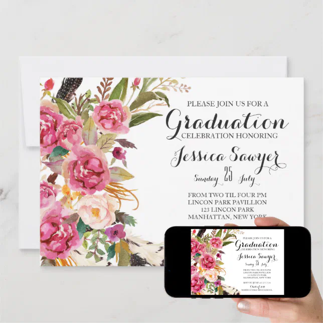 Bohemian Floral Graduation party Invitation | Zazzle
