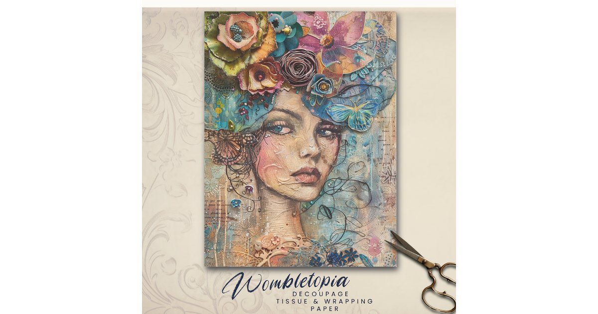 Bohemian Floral Muse Portrait, Decoupage Collage Tissue Paper | Zazzle