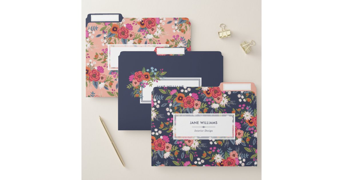 Bohemian Floral Pattern - Dark Blue - Name File Folder | Zazzle