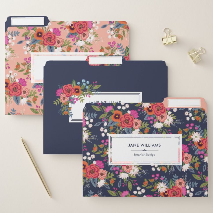 Bohemian Floral Pattern - Dark Blue - Name File Folder | Zazzle