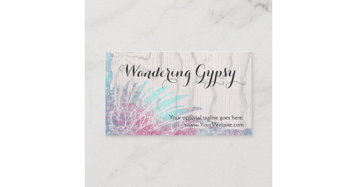 Bohemian Gypsy Feathers on Rustic Wood Boho Chic Business Card | Zazzle
