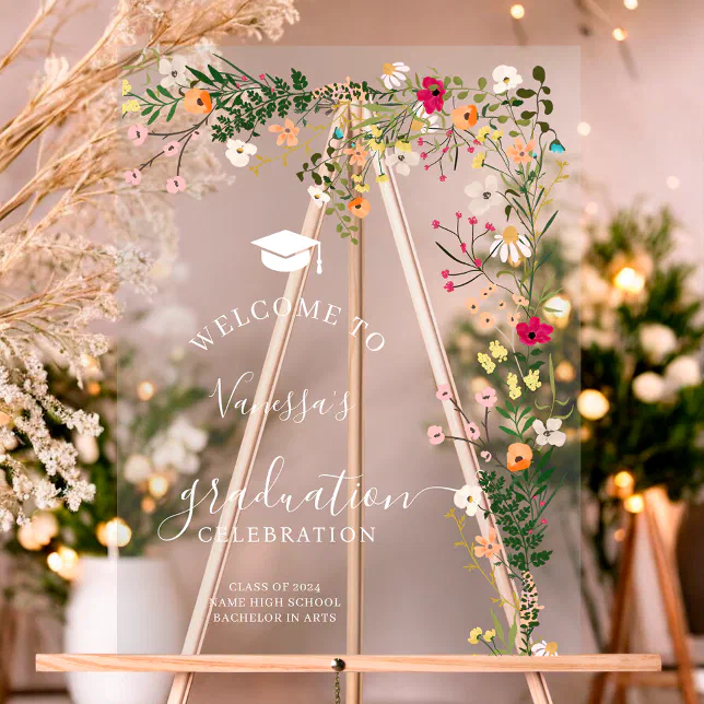 Bohemian meadow wildflowers welcome graduation acrylic sign | Zazzle