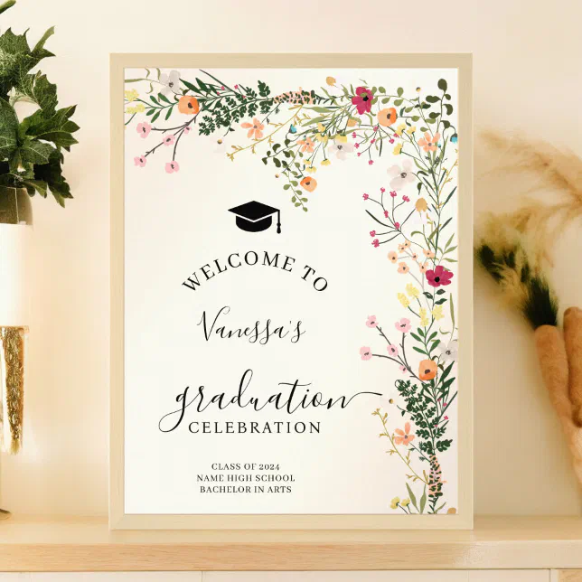 Bohemian meadow wildflowers welcome graduation poster | Zazzle