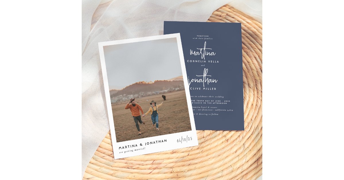 Bohemian Minimalist Navy Blue Simple Photo Wedding Invitation | Zazzle