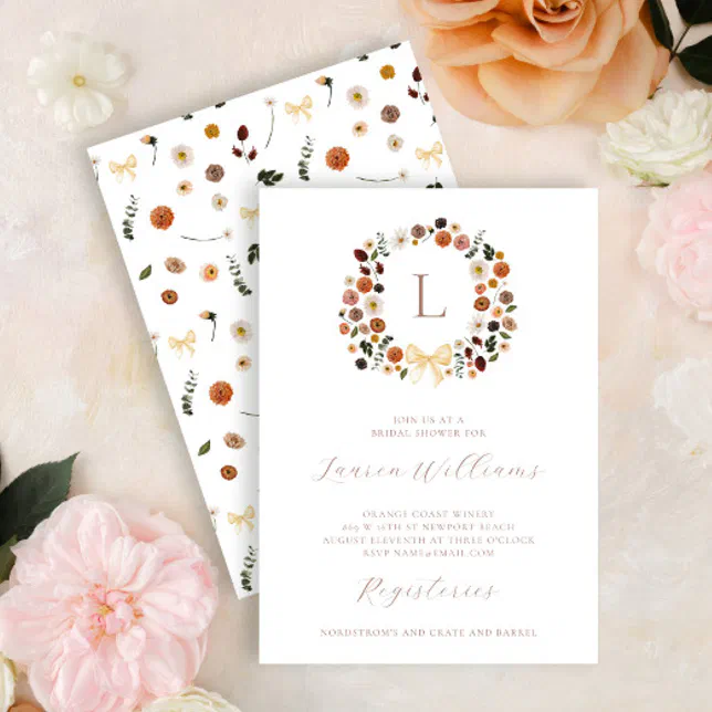 Bohemian Monogram Elegant Floral Bridal Shower Invitation | Zazzle