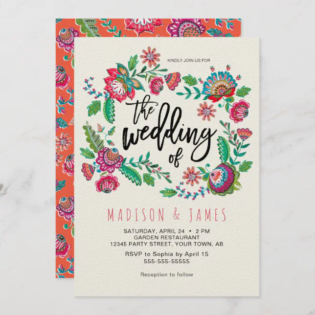 Bohemian Orange Folk Flowers Boho Chic Wedding Invitation | Zazzle