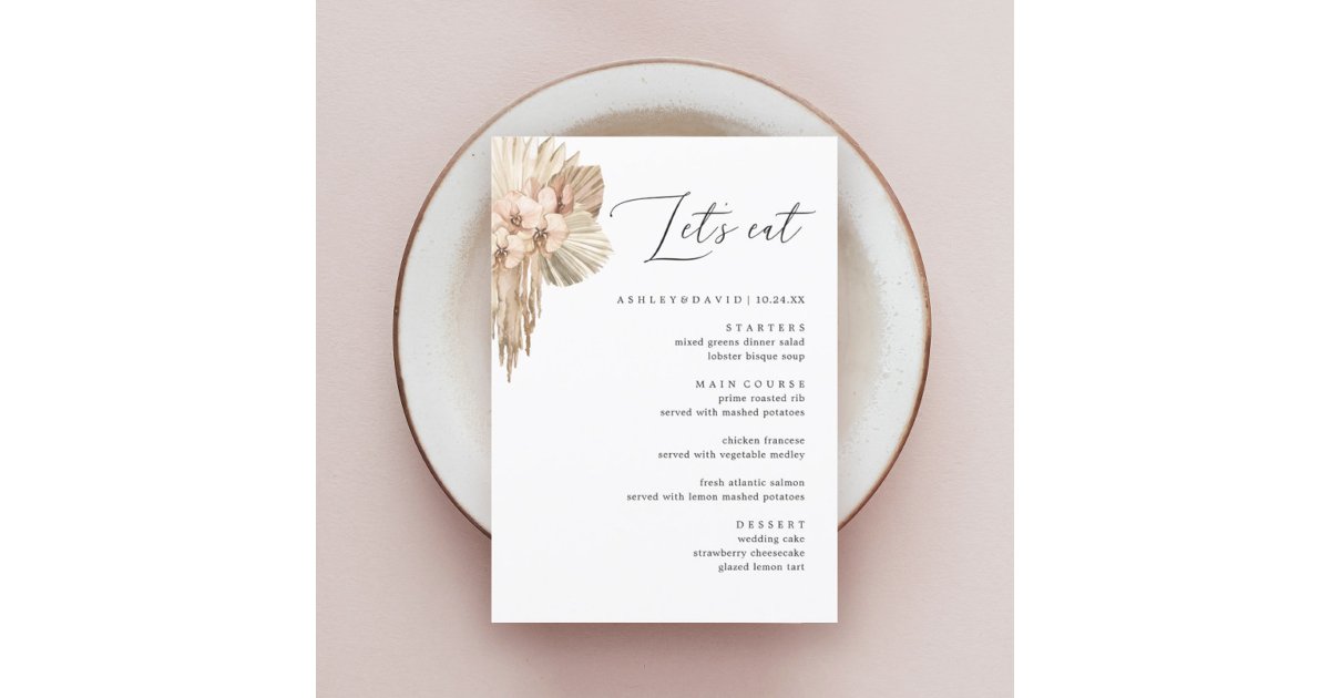 Bohemian Pampas Grass Wedding Dinner Menu | Zazzle