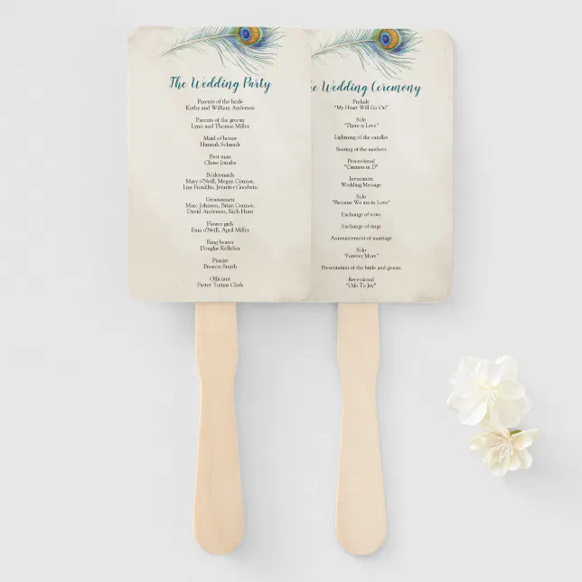 Bohemian Peacock Feather Teal Wedding Program Hand Fan | Zazzle