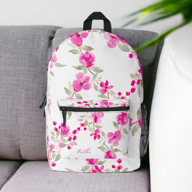 Bohemian pink cherry blossom name floral pattern printed backpack | Zazzle