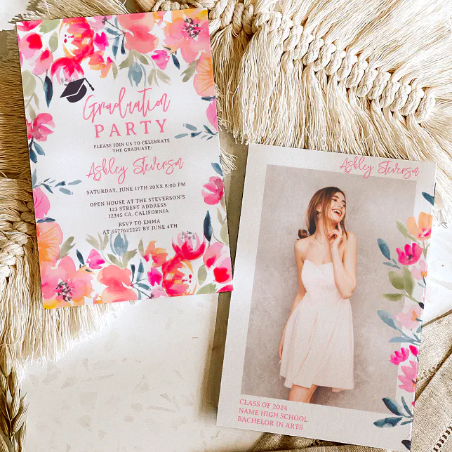 Bohemian pink watercolor flowers graduation invitation | Zazzle