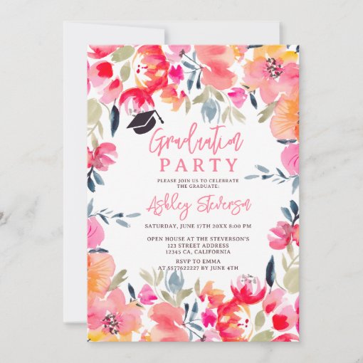 Bohemian pink watercolor flowers graduation invitation | Zazzle