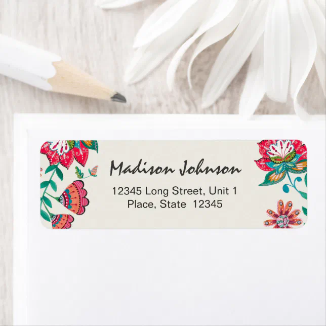 Bohemian Red Folk flowers Floral | Wedding Label | Zazzle