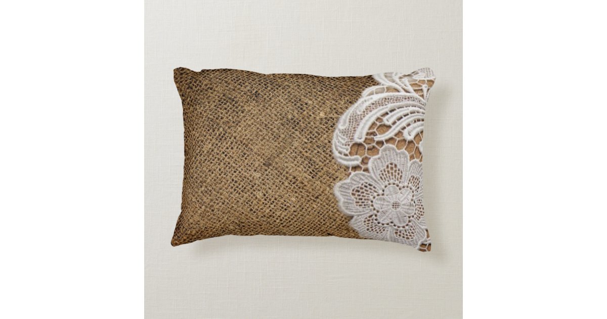 bohemian rustic western country burlap and lace decorative pillow | Zazzle