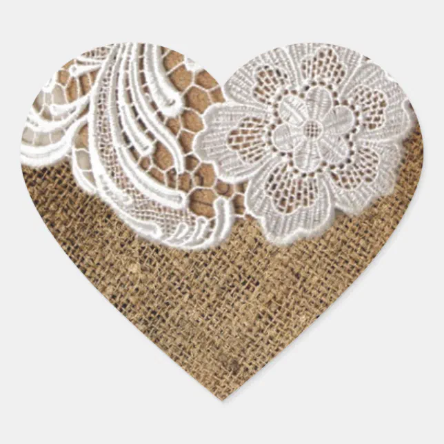 bohemian rustic western country burlap and lace heart sticker | Zazzle