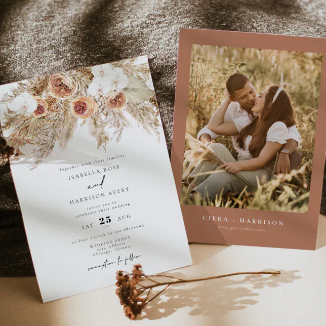Bohemian Terracotta Floral Photo Fall Wedding Invitation | Zazzle