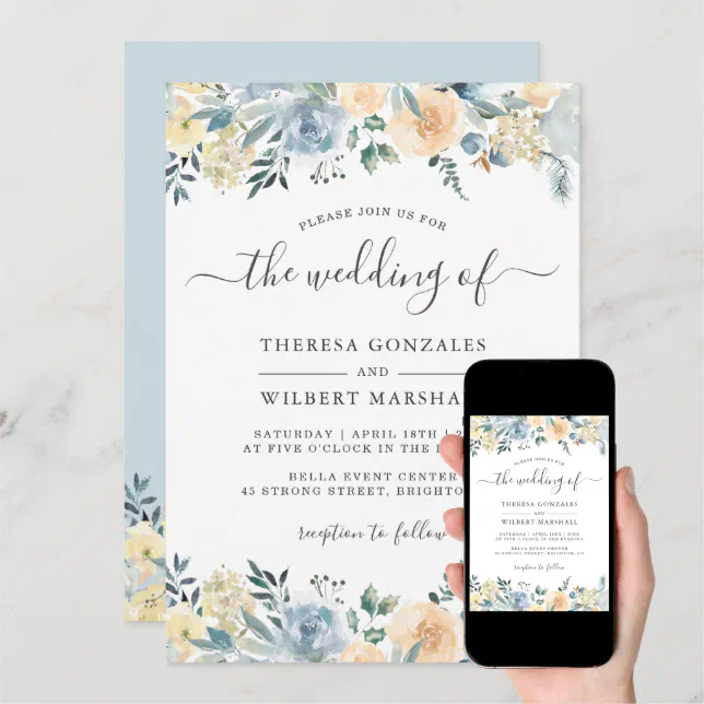 Bohemian Vanilla Blue Floral Spring Wedding Invitation | Zazzle
