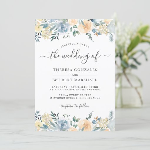 Bohemian Vanilla Blue Floral Spring Wedding Invitation | Zazzle
