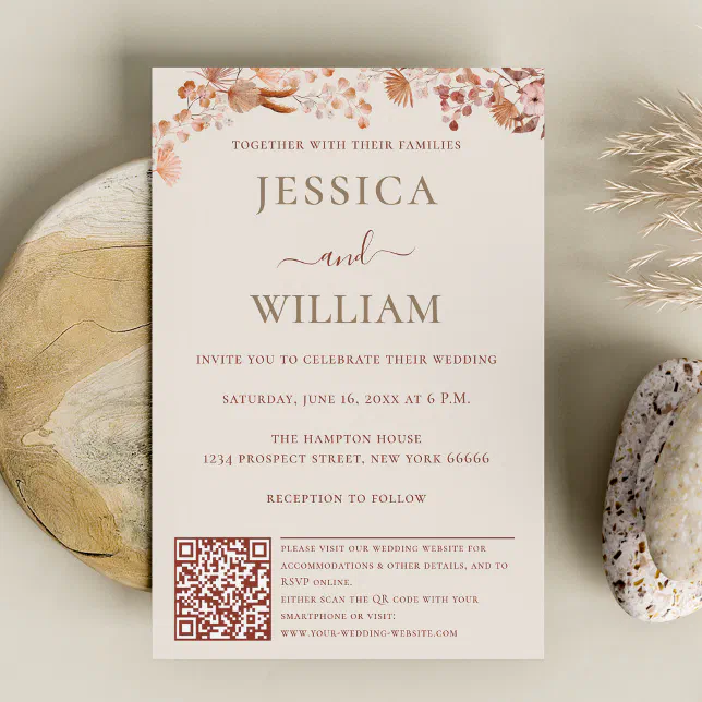 Bohemian Wedding With Boho Flowers And QR Code Invitation | Zazzle
