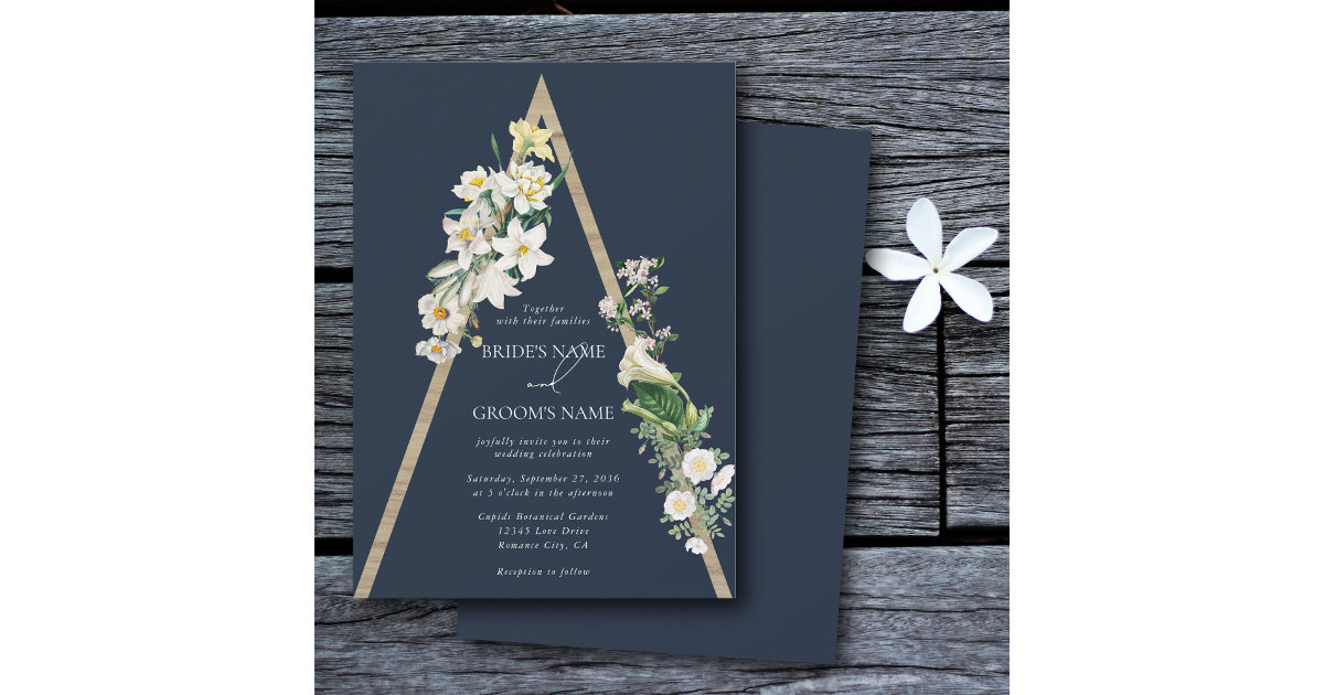 Bohemian Wood Pyramid White Florals Blue Wedding Invitation | Zazzle