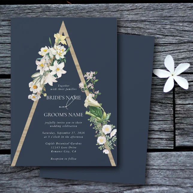 Bohemian Wood Pyramid White Florals Blue Wedding Invitation | Zazzle