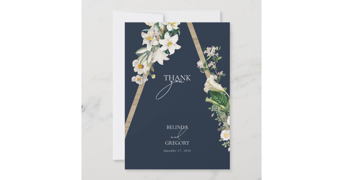 Bohemian Wood Pyramid White Florals Blue Wedding Thank You Card | Zazzle
