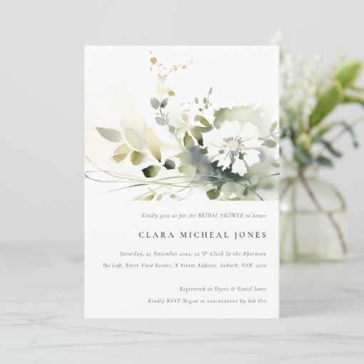 Boho Abstract Green White Floral Bridal Shower Invitation | Zazzle