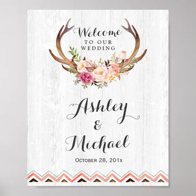 Boho Antler Floral Rustic White Wood Wedding Sign | Zazzle