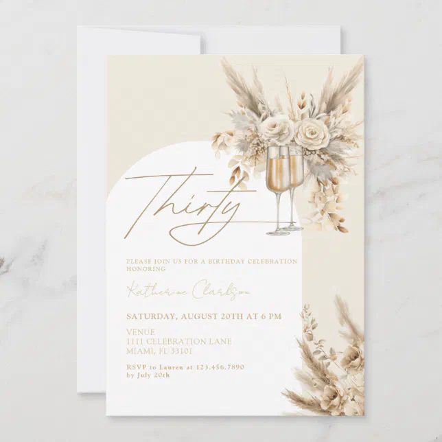 Boho Arch Pampas Grass Champagne 30th Birthday Invitation | Zazzle