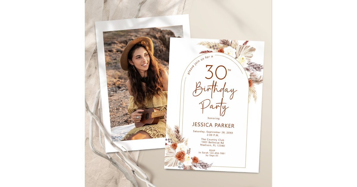 Boho Arch Terracotta Photo 30th Birthday Invitation | Zazzle