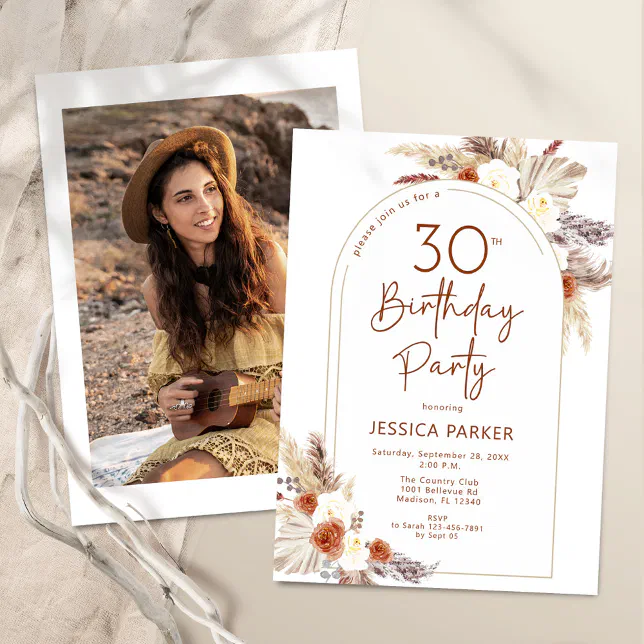 Boho Arch Terracotta Photo 30th Birthday Invitation | Zazzle