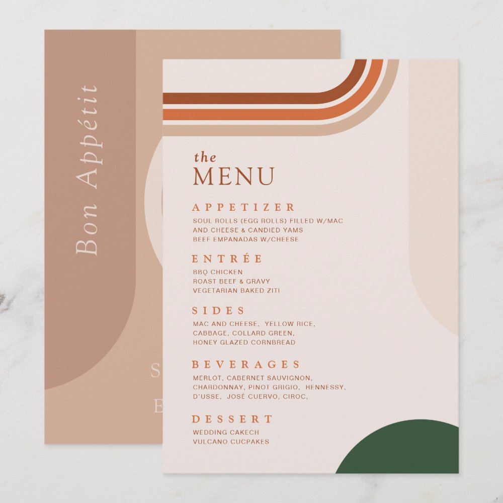 Boho Arch Terracotta Rust Beige Dinner Menu - Snuggle Hamster Designs