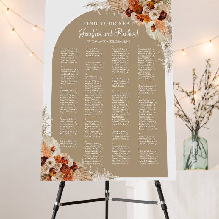 Boho arch tropical floral terracotta seating chart foam board | Zazzle