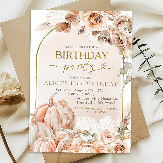Boho Autumn Fall Pumpkin Wild Floral Birthday Invitation | Zazzle