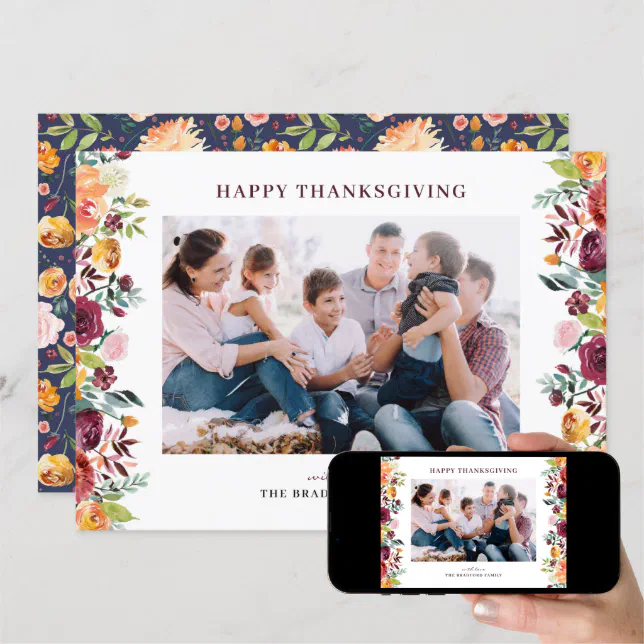 Boho Autumn Floral Frame Photo Happy Thanksgiving Holiday Card | Zazzle