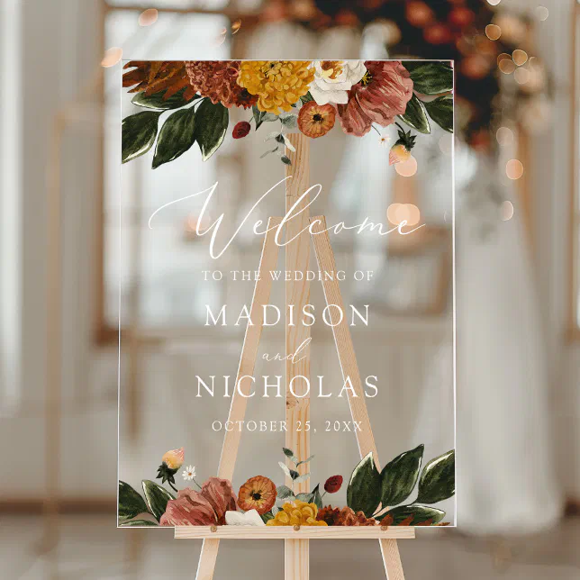 Boho Autumn Floral Wedding Welcome Acrylic Sign | Zazzle