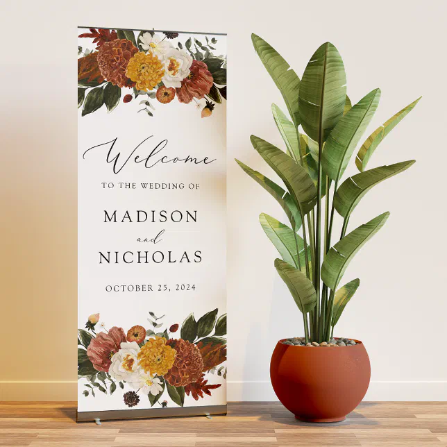 Boho Autumn Floral Wedding Welcome Retractable Banner | Zazzle