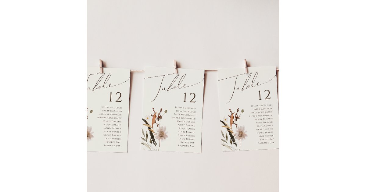 Boho Autumn Wildflower | Beige Table Number Chart | Zazzle