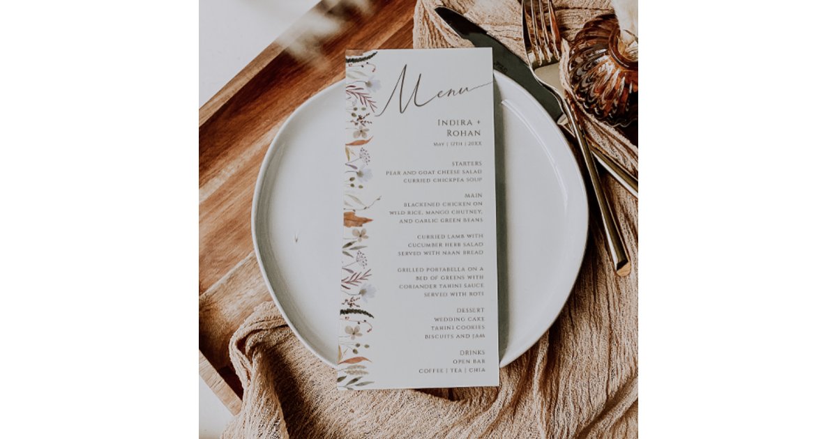 Boho Autumn Wildflower | Beige Wedding Dinner Menu | Zazzle