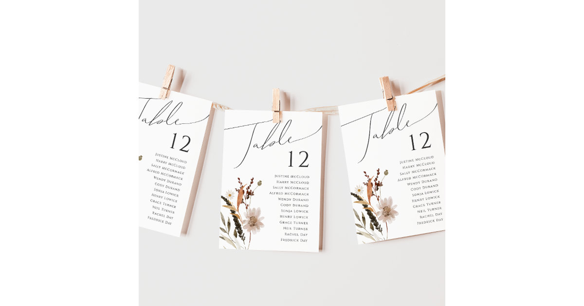 Boho Autumn Wildflower | Table Number Chart | Zazzle