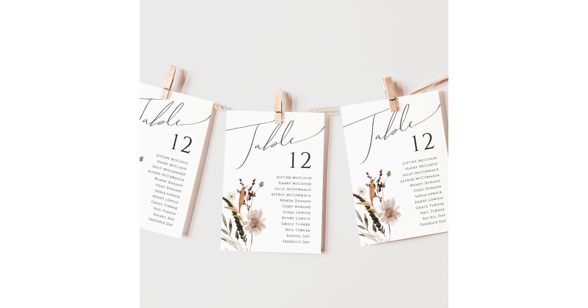 Boho Autumn Wildflower | Table Number Chart | Zazzle