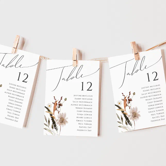 Boho Autumn Wildflower | Table Number Chart | Zazzle