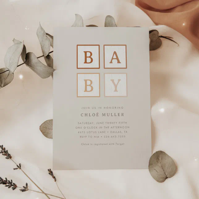 Boho Baby Blocks Simple Modern Terracotta | Invitation | Zazzle