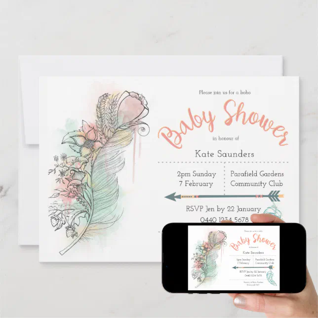 Boho baby shower floral feather hand drawn invites | Zazzle