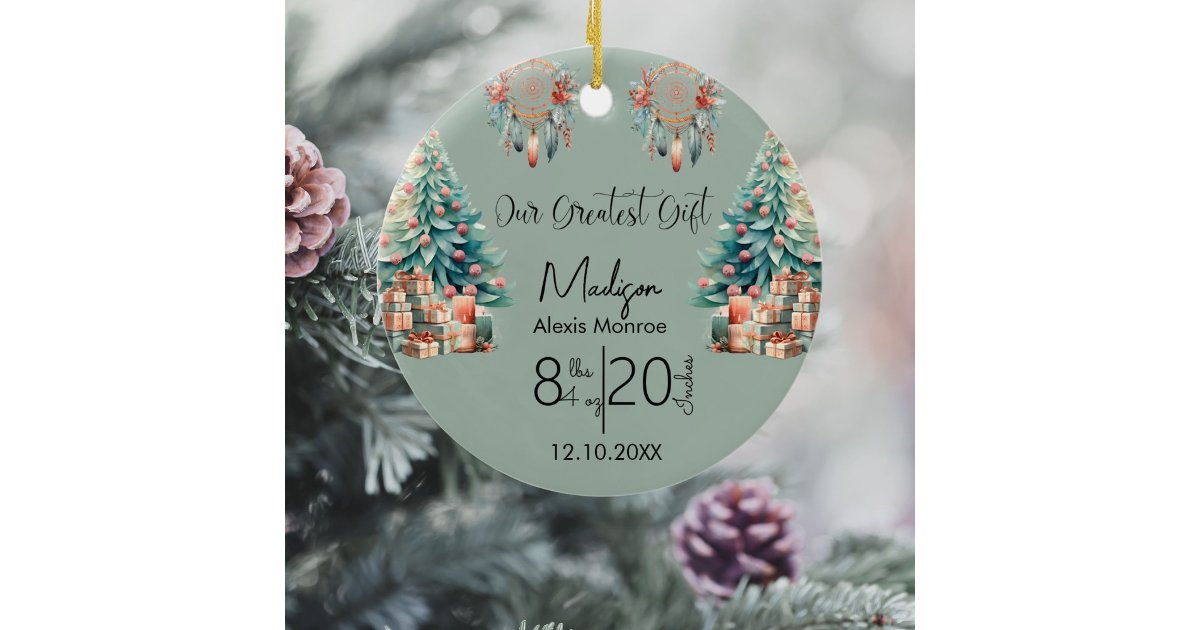 Boho Baby's First Christmas Birth Stat Ceramic Ornament | Zazzle
