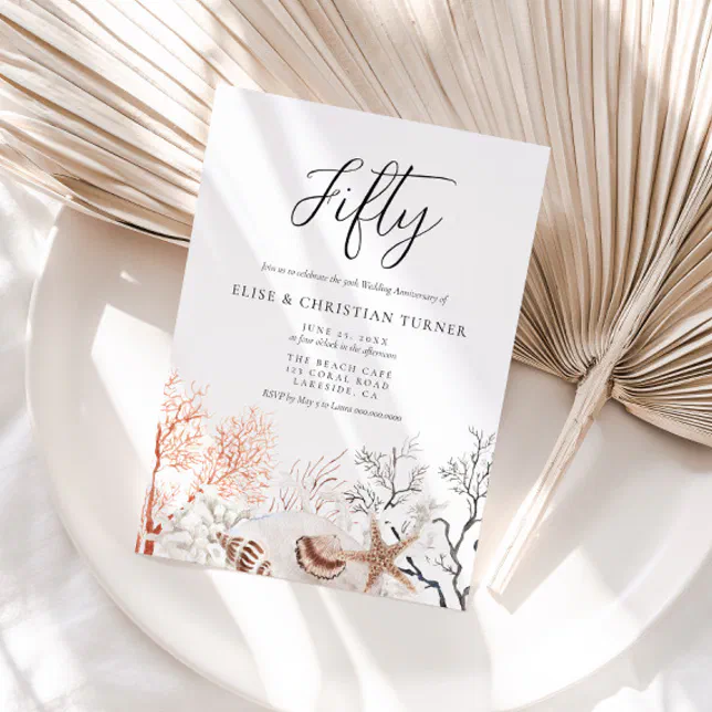 Boho Beach Coral Reef 50th Wedding Anniversary Invitation | Zazzle