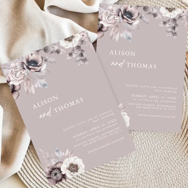 Boho Beige & Dusty Mauve Floral Wedding Invitation | Zazzle